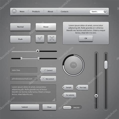Gray Ui Controls Web Elements 2 Buttons Comments Sliders Message Box Preloader Loader Tag