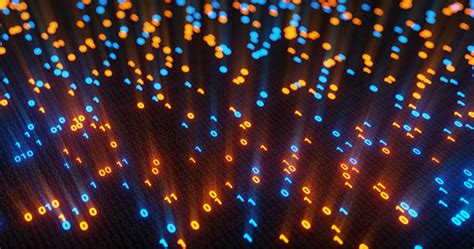 플레어 추상 파란색과 주황색 디지털 이진 코드 매트릭스 배경 미래 지향적인 빅 데이터 정보 기술 데이터 센터 블록 체인 인터넷