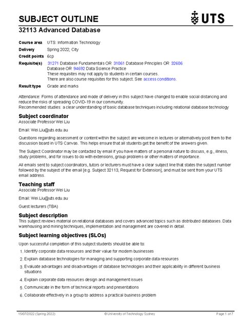 32113 Advanced Database Subject Outline 32113 Advanced Database