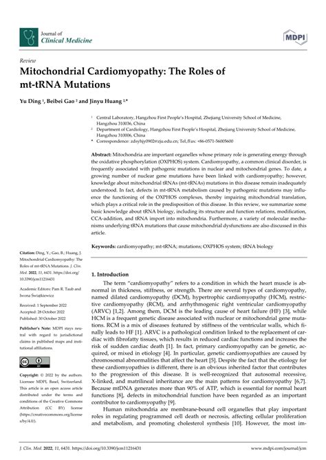 Pdf Mitochondrial Cardiomyopathy The Roles Of Mt Trna Mutations