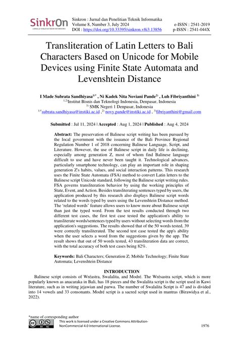 Pdf Transliteration Of Latin Letters To Bali Characters Based On Unicode For Mobile Devices