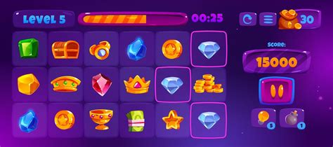 3개의 라인 게임 Ui 템플릿 레벨 시간 및 진행률 표시줄 점수 메뉴 일시 중지 다시 재생 버튼 보라색 배경에 복고풍 보물 아이콘 세트가 있는 Gui 디자인의 벡터 만화