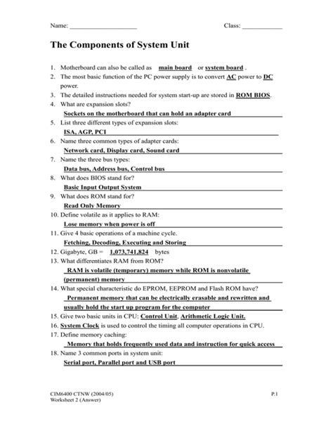 System Unit Components Worksheet Computer Hardware Basics