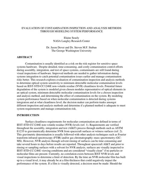 Pdf Evaluation Of Contamination Inspection And Analysis Methods