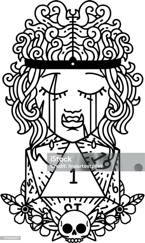 흑백 문신 라인 워크 스타일 슬픈 오크 야만인 캐릭터 얼굴 자연스러운 하나 D20 롤 검은색에 대한 스톡 벡터 아트 및 기타