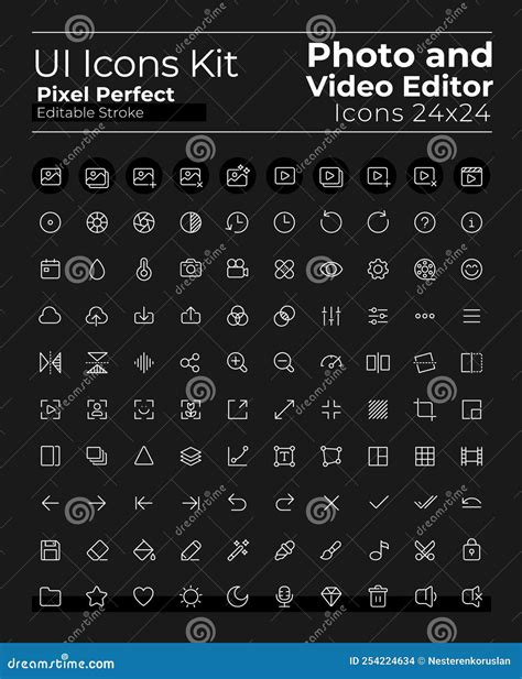 Photo And Video Editing Pixel Perfect White Linear Ui Icons Set For Dark Theme Stock Vector