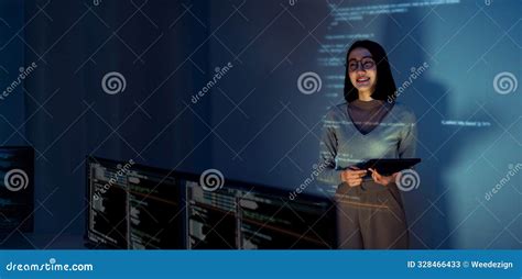 Asian Woman Programmer Standing In Front Of A Screen With Code Projected Presentation The
