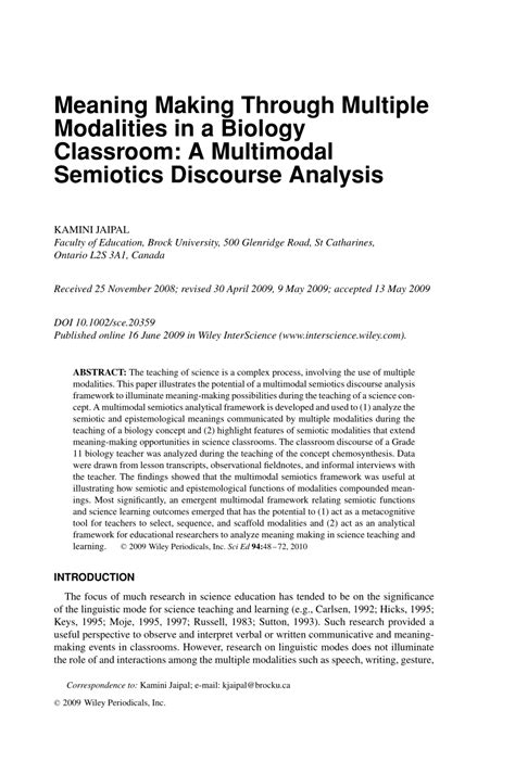 Pdf Meaning Making Through Multiple Modalities In A Biology Classroom A Multimodal Semiotics