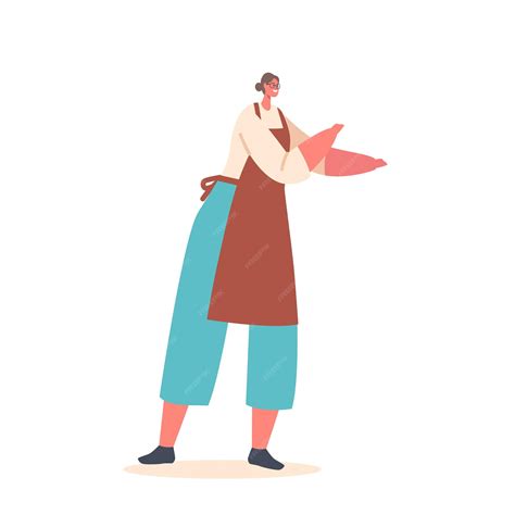 여성 캐릭터 착용 앞치마 흰색 배경에 고립 웨이트리스 주부 바리 스타 또는 수석 여성 유니폼을 착용 프리미엄 벡터