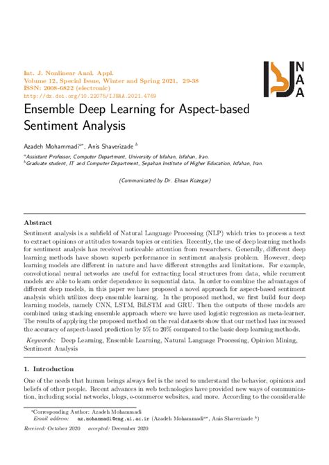Pdf Ensemble Deep Learning For Aspect Based Sentiment Analysis