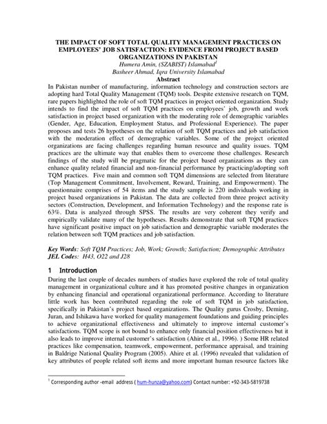 Pdf The Impact Of Soft Total Quality Management Practices On Employees Job Satisfaction