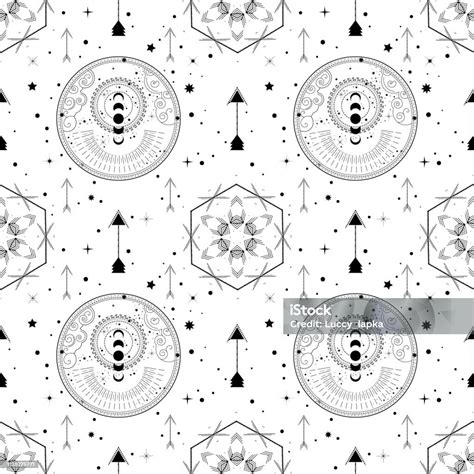 성스러운 기하학 완벽 한 패턴입니다 점성술과 천문학 분위기 배경 화면 선물 포장 섬유 이 불 및 리넨에 사용할 수 있습니다 위카에 대한 스톡 벡터 아트 및 기타 이미지
