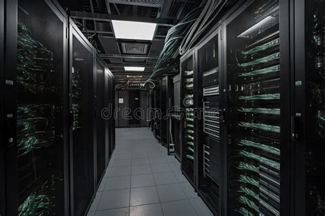 View Of Data Center With Racks Of Servers And Cables Showcasing The Technical Side Stock