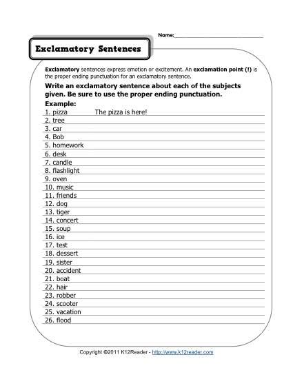 Exclamatory Sentences Free Printable Punctuation Worksheets