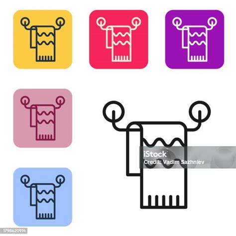 흰색 배경에 격리 된 행거 아이콘에 검은 줄 수건 욕실 수건 아이콘 색상 정사각형 단추로 아이콘을 설정합니다 벡터 가정 생활에 대한 스톡 벡터 아트 및 기타 이미지 Istock