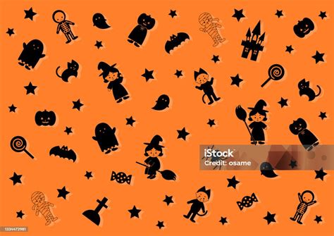 즐거운 할로윈 보내세요 변장한 아이들 마녀 호박 유령 검은 고양이 미라 해골 박쥐 거미 별 사탕 유령의 집 무덤 벡터 배경 그림입니다 10월에 대한 스톡 벡터 아트 및 기타
