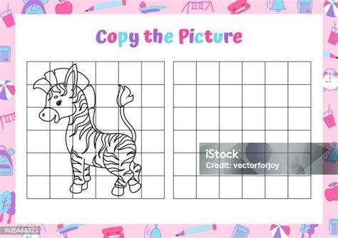 그림을 복사합니다 귀여운 만화 얼룩말 아이들을위한 그리기 활동 미취학 아동을위한 교육 게임 벡터 일러스트레이션 유치원에 대한