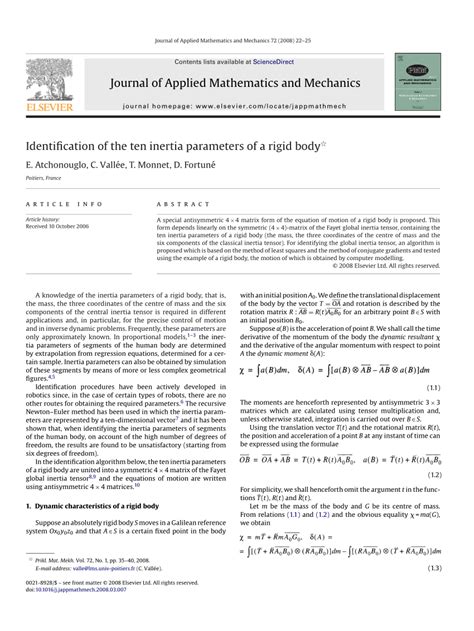 Pdf Identification Of The Ten Inertia Parameters Of A Rigid Body