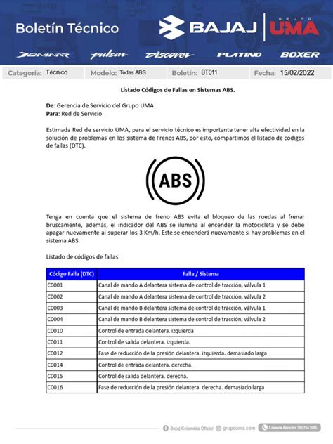 Bt011 Listado Códigos De Fallas En Sistemas Abs Descargar Gratis Pdf Sistema De Freno