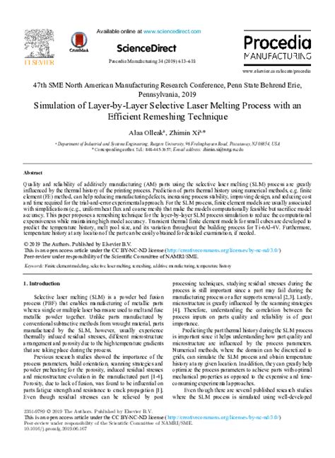 Pdf Simulation Of Layer By Layer Selective Laser Melting Process With An Efficient Remeshing