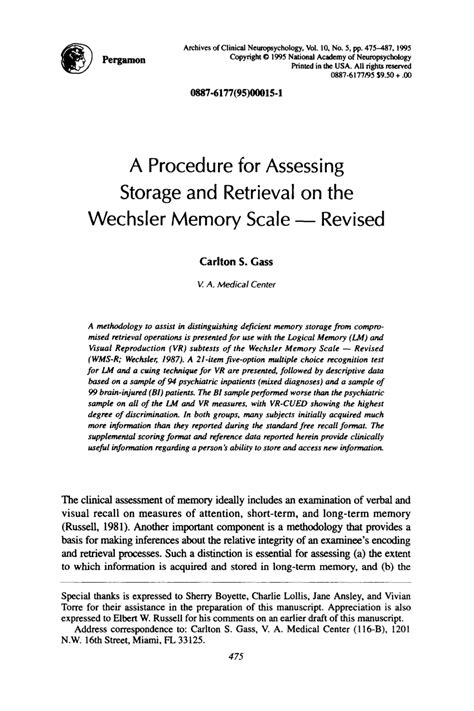 Pdf Assessment Of Storage And Retrieval Operations Using The Wechsler Memory Scale Revised