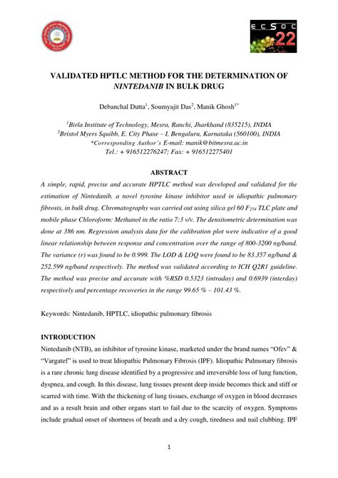 Pdf Validated Hptlc Method For The Determination Of Nintedanib In Bulk Drug