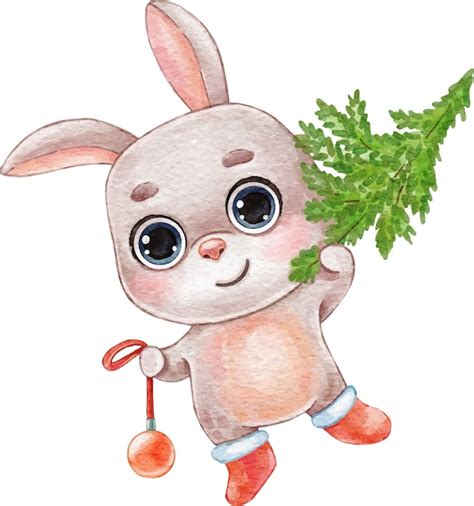 수채화 그림 귀여운 새해 기호 토끼와 전나무 지점 프리미엄 벡터