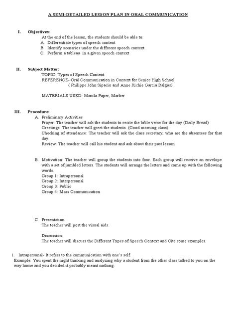 Lesson Plan Speech Context Pdf