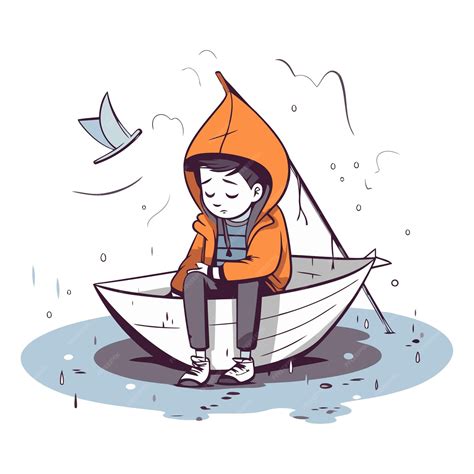 Мальчик сидящий на лодке под дождем Карикатурная векторная иллюстрация Премиум векторы