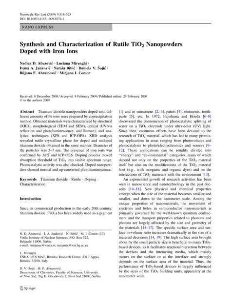 Pdf Synthesis And Characterization Of Rutile Tio2nanopowders Doped With Iron Ions