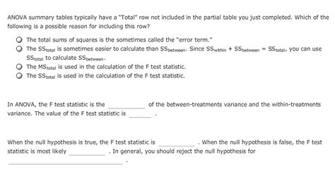 ANOVA Calculations And Rejection Of The Null Chegg Com