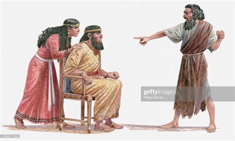 Illustration Of King Ahab With Jezebel Behind Him Elijah Standing