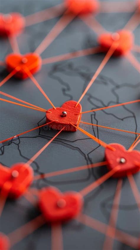 Global Love Connection Red Hearts Interconnected On World Map With Strings Representing