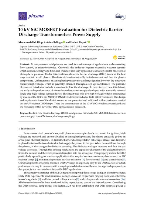 Pdf 10 Kv Sic Mosfet Evaluation For Dielectric Barrier Discharge