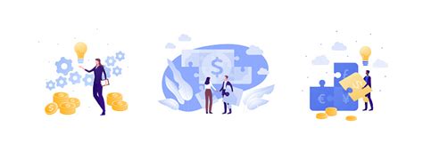 비즈니스 아이디어 및 금융 성공 개념 벡터 플랫 피플 일러스트레이션 세트입니다 돈 통화 기호직소 퍼즐 사업가 정장과 부시네스