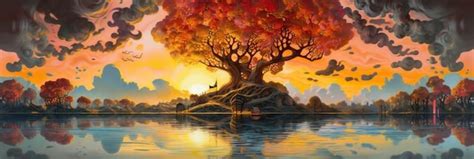 Premium AI Image A Painting Of A Tree With A Sunset In The Background