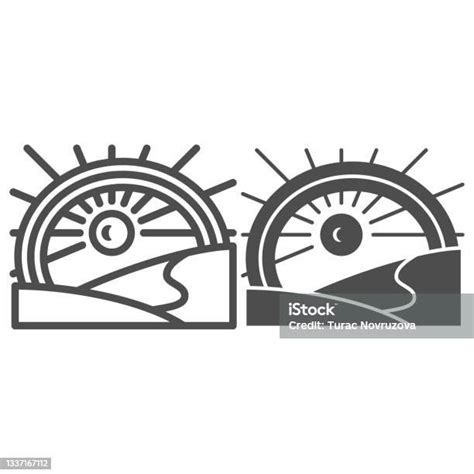 필드 라인의 무지개 아래 태양과 단단한 아이콘 자연 개념 햇빛과 흰색 배경에 풍경 벡터 기호 모바일 개념 및 웹 디자인을위한 개요 스타일 아이콘 벡터 그래픽 10에 대한