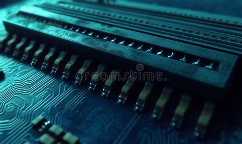 On A Circuit Board A Computer Processor Glows Blue In A Close Up Shot