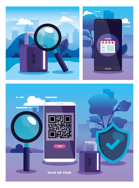 Qr Code Smartphone Padlock Lupe And Shield Vector Design 4627838 Vector Art At Vecteezy