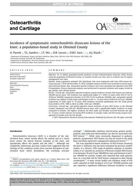 Pdf Incidence Of Symptomatic Osteochondritis Dissecans Lesions Of The