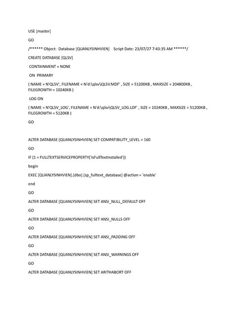 Scrip Sql Quan Ly Sinh Vien Use Master Go Object Database