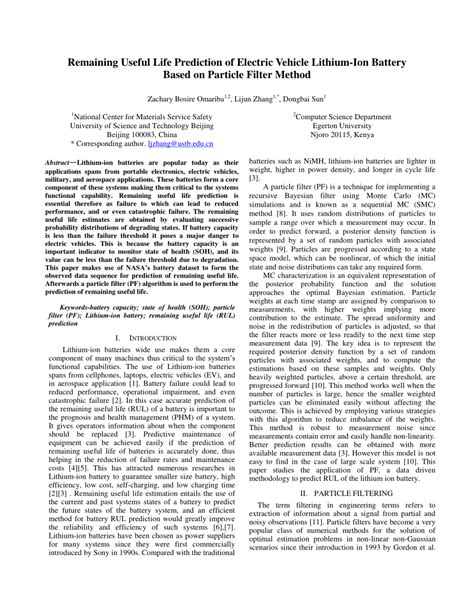 Pdf Remaining Useful Life Prediction Of Electric Vehicle Lithium Ion Battery Based On Particle