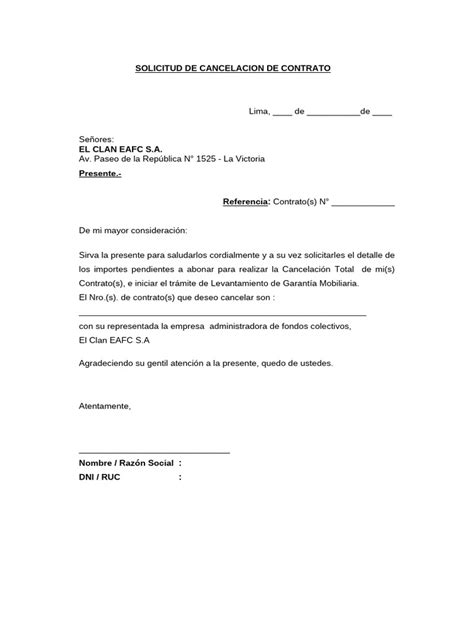 Solicitud De Cancelación De Contrato Pdf