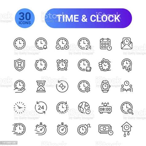 Time Clock Line Icons Editable Stroke Stock Illustration Download Image Now 24 Hrs Icon