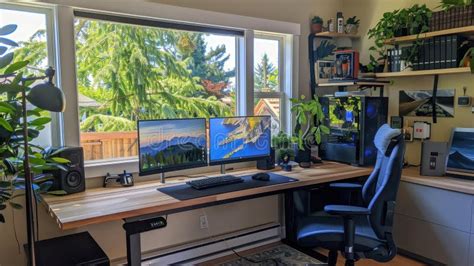 Stylish Ergonomic Home Office Setup With Desk And Plants Stock Illustration Illustration Of