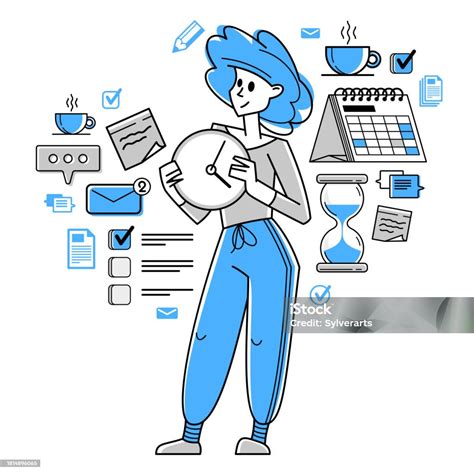 시간 관리 벡터 개요 그림 작업자 계획 마감일 및 우선 순위 작업 비즈니스 생산성 의제 제로 시간 달리기에 대한 스톡 벡터 아트