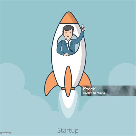 스카이 웹 인포 그래픽 벡터 일러스트 레이 션에 비행 하는 로켓 내부 선형 평면 사업가 사업 시작 개념입니다 기업 재무와 산업에 대한 스톡 벡터 아트 및 기타 이미지