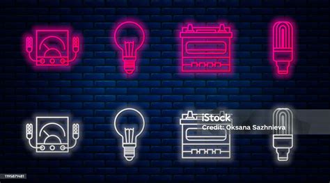 아이디어 자동차 배터리 암페어 미터 멀티 미터 볼트 미터 및 Led 전구의 개념라인 전구를 설정합니다 벽돌 벽에 빛나는 네온 아이콘입니다 벡터 0명에 대한 스톡 벡터 아트