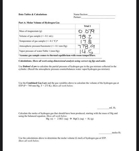 solved data tables and calculations name section partner