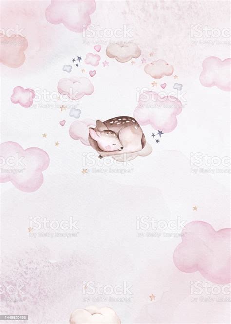 귀여운 아기 사슴의 수채화 손으로 그린 그림 달과 구름에서 자고있는 새끼 사슴 베이비 샤워 테마 초대장 생일 템플릿 0명에 대한 스톡 벡터 아트 및 기타 이미지 Istock